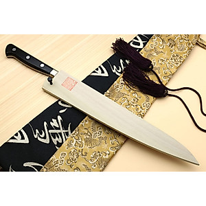 Yoshihiro Kurouchi Super Blue Steel Stainless Clad Sujihiki Slicer Chef Knife (9.5" (240mm) & Saya, Black Pakkawood Handle)