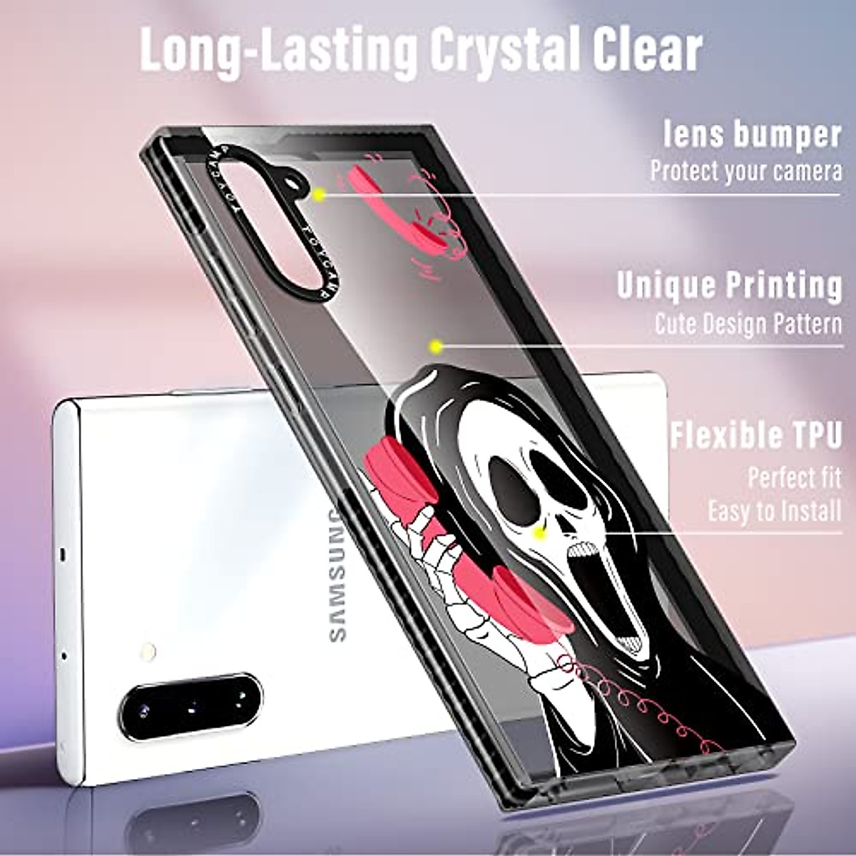 Toycamp for Note 10 Case, Cute Funny Skull Skeleton Design for Women Girls Boys Teens for Galaxy Note 10 Cases, Cute Cartoon Black Face Print Cover for Samsung Galaxy Note 10 Case, 6.3''