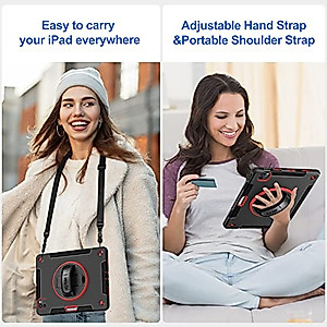 GEEKSDOM iPad Pro 12.9 Case 6th Generation 2022: Military Grade Heavy Duty Shockproof Cover for iPad Pro 12.9 Inch 2021 5th Gen-Pencil Holder-Rotating Stand-Hand/Shoulder Strap-Red