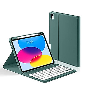 Laetass keyboard case for iPad 10th Generation 10.9 inch 2022 with Upper Pen slot,Leather Stand Cover with Built-in Pencil Holder, Magnetic Detachable Wireless Bluetooth Keyboard. (green)