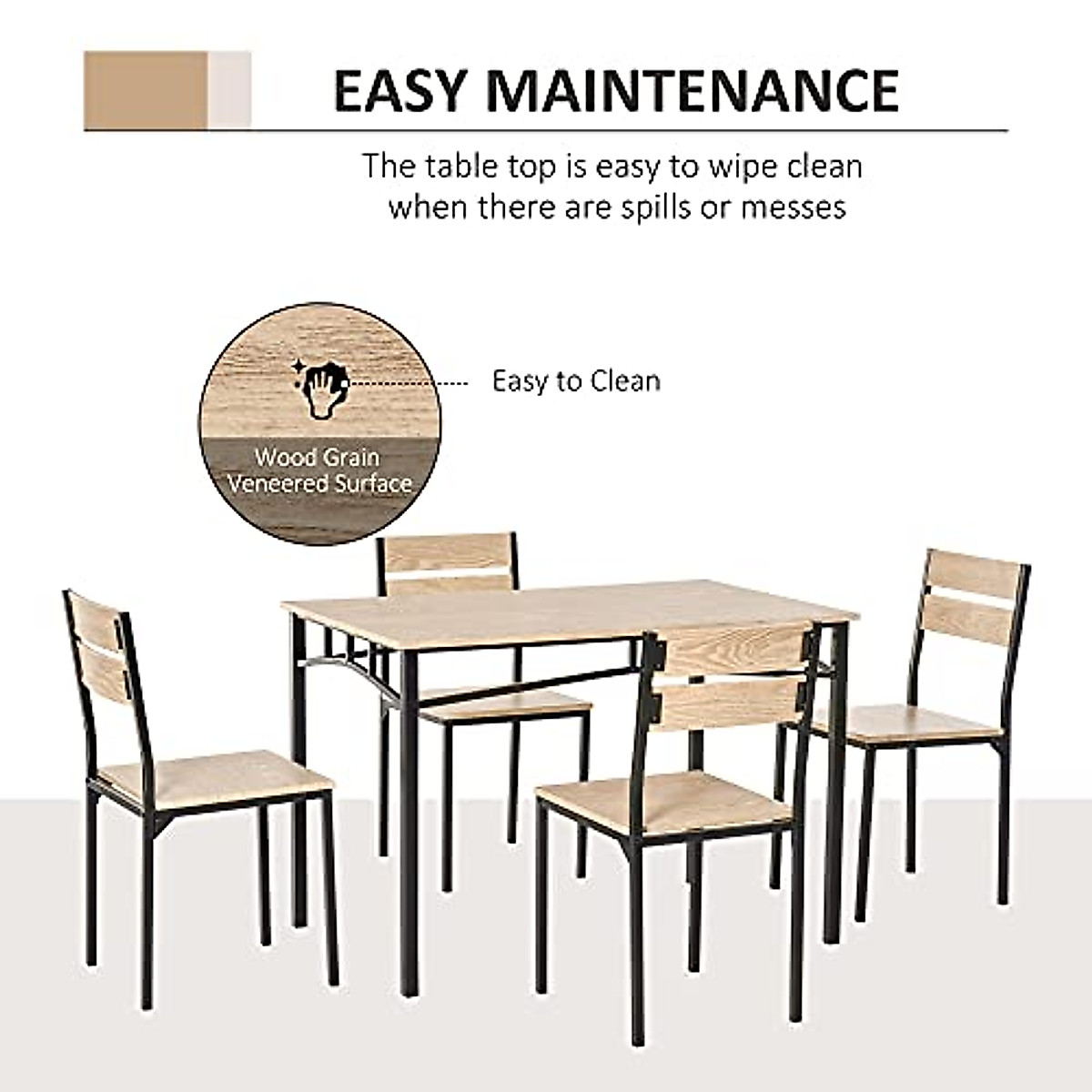 HOMCOM Rustic Industrial 5-Piece Dining Table Set Black Metal with 4 Chairs for Kitchen, or Dining Room, Oak