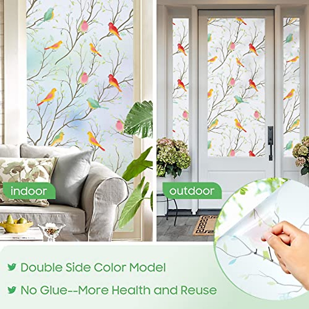 Viseeko Stained Glass Window Film: Bird Window Privacy Film Non-Adhesive Window Clings Room Decor Frosted Window Decals UV Blocker Removable for Bathroom Kids Study Room