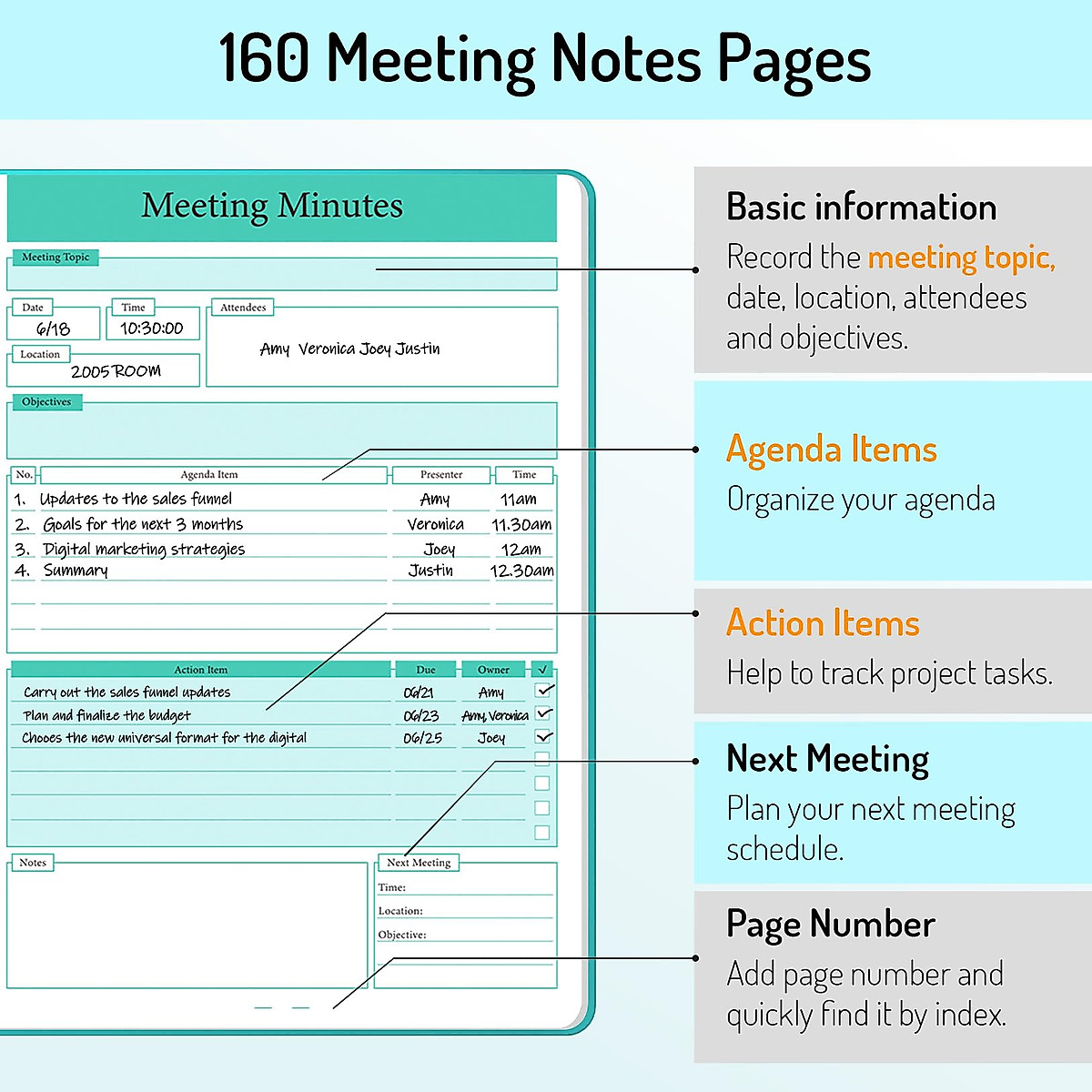 Forvencer Meeting Notebook for Work with Action Items, Project Planner Agenda Organizer for Note Taking, Office/Business Supplies for Women Men, 160 Pages, B5 Size (7"x10"), Purple