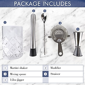 JNWINOG 5PCS Crystal Cocktail Mixing Glass Set 18.6oz Bartender kit Cocktail Mixing Set Glass with Spoon, 1/2oz Jigger, Strainer and Muddler for Home Bar Party
