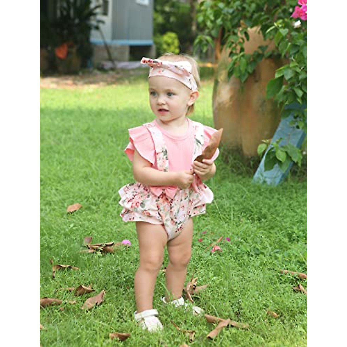 Kiluex Newborn Baby Girl Clothes Summer Romper Ruffle Sleeve One-Pieces Jumpsuits Bodysuit Infant Outfits with Headband (Pink, 3-6 Months)