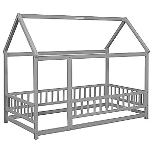 i-POOK Twin Size House Bed Wooden Floor Bed with Roof and Fence Guardrails Montessori Bed Playhouse Bed for Children Girls and Boys, Gray(No Bed Slats)