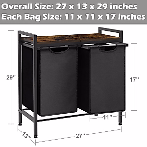 Whoonba Large Laundry Hamper Sorter with 2 Removable & Pull-Out Sorting Bags, Wooden Top Shelf, Versatile Laundry Basket Organizer for Laundry Room, Bathroom, Dorm, 10 * 2 Gal, Black