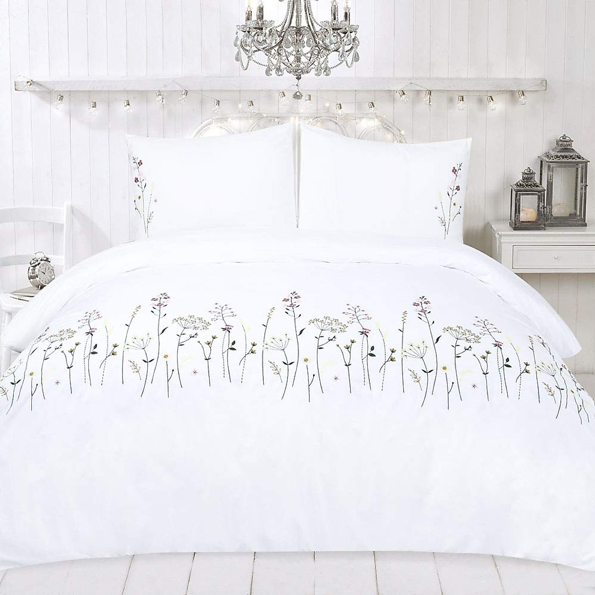 YINFUNG White Flower Duvet Cover Set Queen Floral Cotton Pink Flowered Spring Elegant Wildflower Embroidered Pretty Botanical French Country Textured 90x90 Garden Girls Cottage 3PC Zip Bedding Set