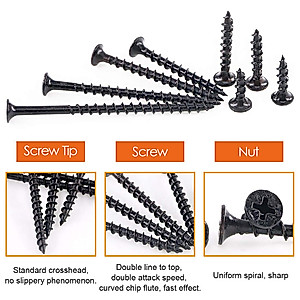 Rustark 390-Pcs #7 Coarse Thread Drywall Screw with Phillips Drive Black Oxide Finsh Bugle Head Wood Screws Assortment Kit Ideal for Drywall Sheetrock