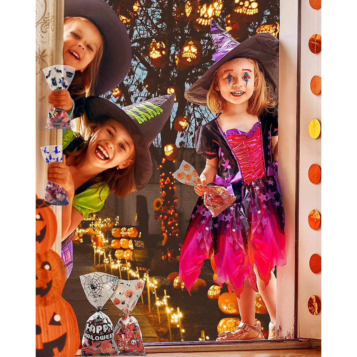 NESIMY Halloween Treat Bags Cello Candy Cellophane Goody Bag Bulk with Twist Ties for Trick or Treat Holiday Goodies Gifts and Party Favors