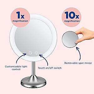 Conair Lighted Makeup Mirror with 10X Spot Magnification, LED Vanity Mirror, Handheld Mirror, 1X/10x Magnifying Mirror, Rechargeable in Satin Nickel
