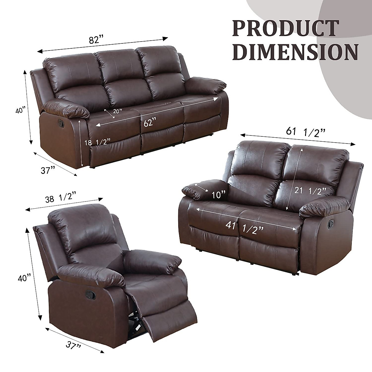 Ocstta Leather Recliner Sofa Set for Living Room Furniture Set,Recliner Sofa Set for House/Office(Leather Sofa Set 3 Pieces) Brown