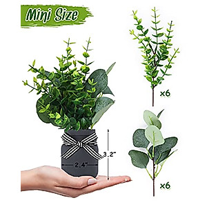 Nefelibata Farmhouse Mini Mason Jar Decor for Tiered Tray with Artificial Eucalyptus Leaves Small Floral Arrangement Rustic Faux Plants for Home Kitchen Office Desk Black White Small Greenery Set of 3