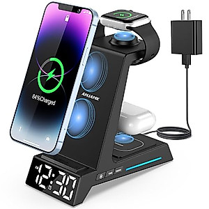 Wireless Charging Station - 4 in 1 Wireless Charger with Alarm Clock, Charging Stand Dock for iPhone 15/14/13/12/11/Pro/Max/XR/XS/X/Samsung Phone, for AirPods Pro/3/2, Apple Watch 9/8/7/6/5/SE/4/3/2