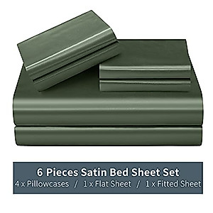 P Pothuiny 6-Piece Queen Satin Sheets Luxury Woodland Green Satin Bedding Sheet Set, 1 Deep Pocket Fitted Sheet + 1 Flat Sheet + 4 Pillow Cases