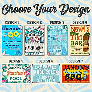 Personalized Pool Sign w/Name - Indoor/Outdoor Metal Sign for Garden, Patio, Hot Tub, Pool Deck | 7 Unique Designs | Customized Gifts for Swimming Pool Owners, Funny Backyard Decorations