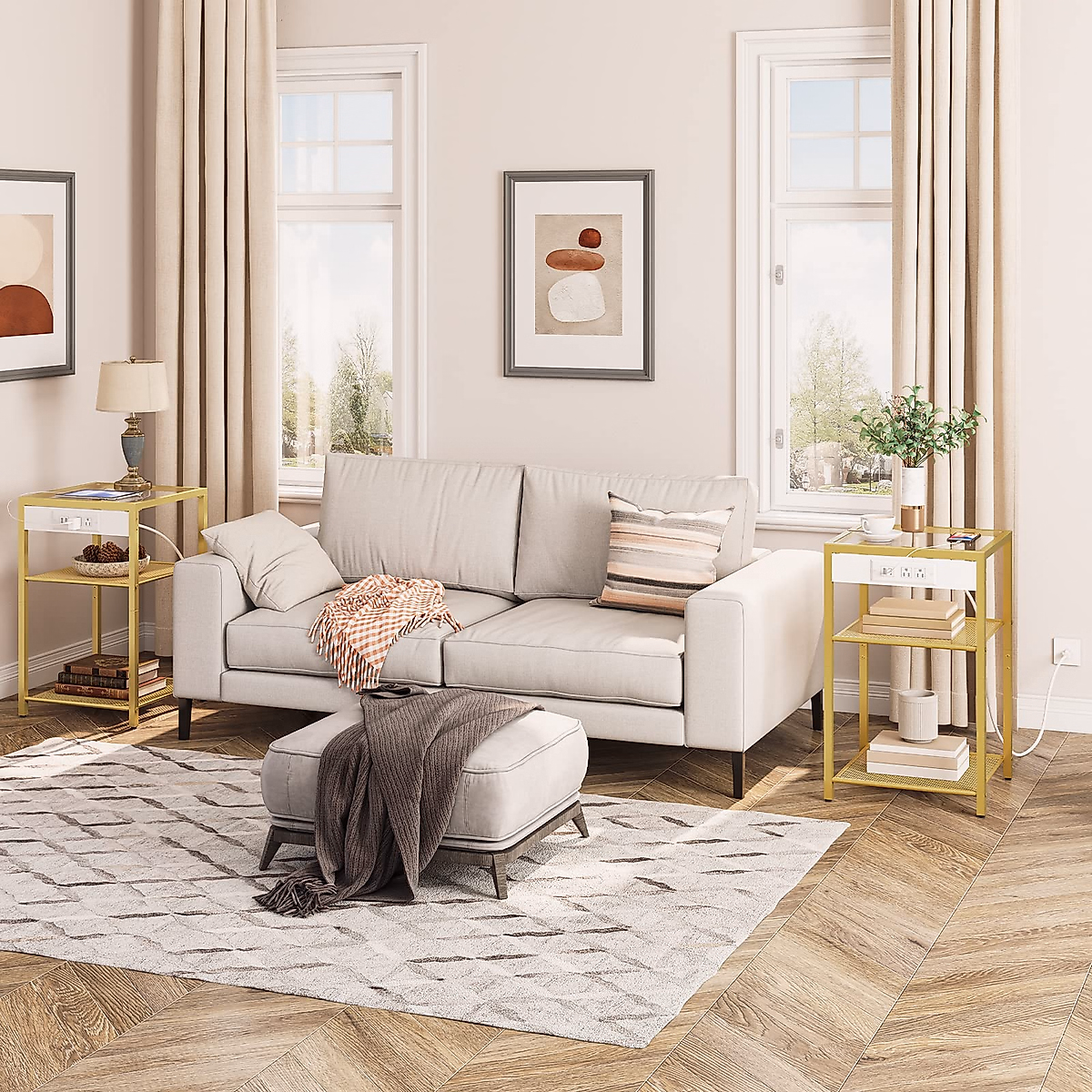 HOOBRO End Tables Set of 2 with Charging Station, Side Tables with USB Ports & Power Outlets, 3-Tier Slim Nightstands with Storage Shelves, Tempered Glass, for Living Room, Bedroom, Gold GD77UBZP201