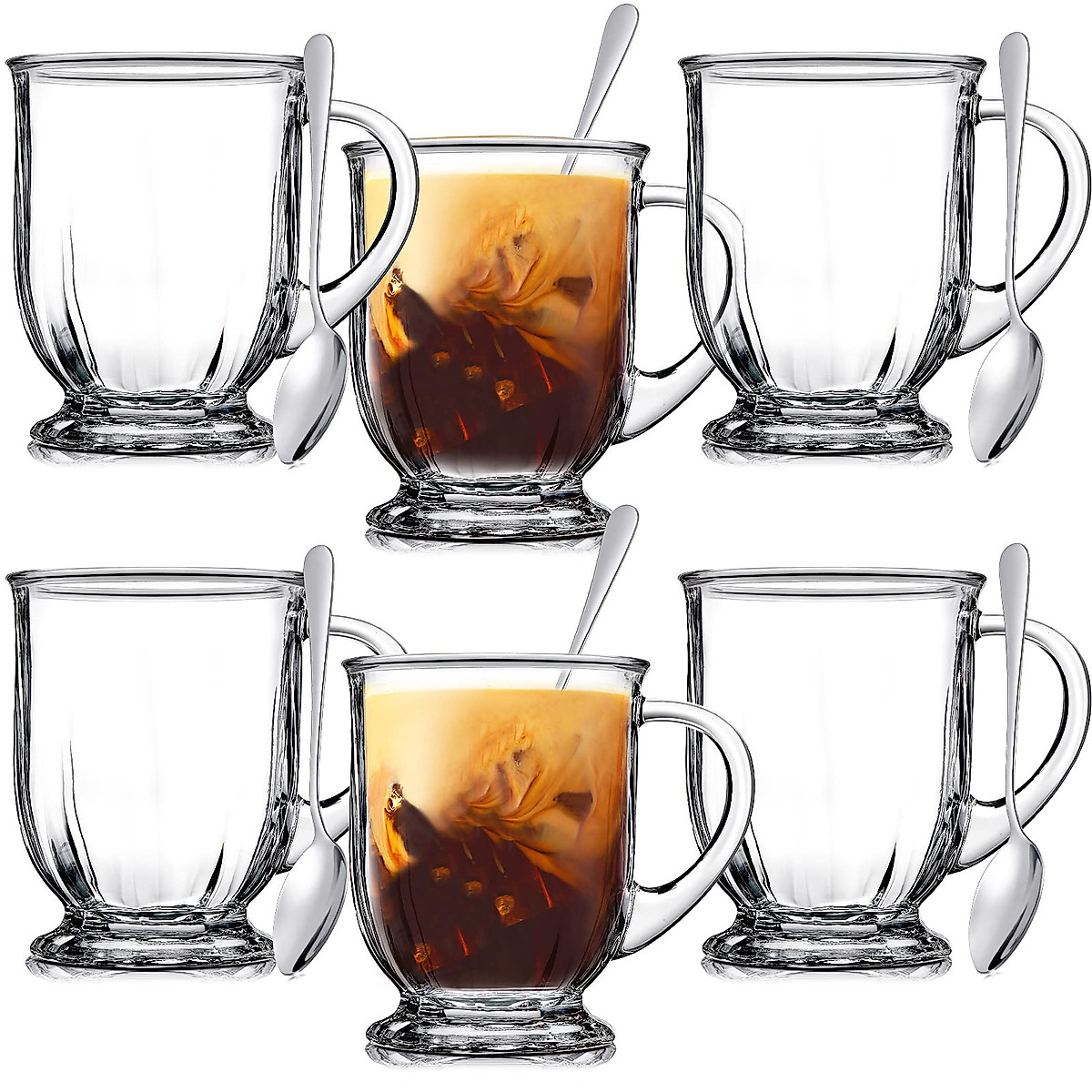 6 Sets 24 oz Large Glass Coffee Mugs with Spoons Clear Coffee Mugs Large Clear Tea Cups Large Capacity Coffee Glasses with Handles for Hot and Cold Beverages Espresso Latte Cappuccino Juice Milk