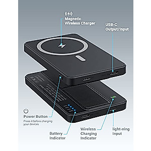 Fokimdo Magnetic Wireless Power Bank, Ultra-Thin 5000mAh Portable Charger Power Bank with Foldable Stand, Mag-Safe Battery Pack 5V/3A USB-C Output Input for iPhone 14/13/12 Series