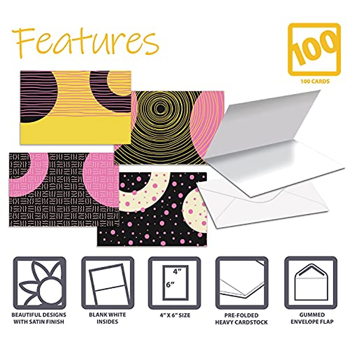 Better Office Products 100-Pack All Occasion Greeting Cards, Modern Art Designs, Assorted Blank Note Cards, 4 x 6 inch, 6 Exclusive Abstract Designs, Blank Inside, with Envelopes