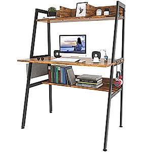 FLANTINO 55 Inch Computer Desk with Hutch and Storage Shelves, Rustic Industrial Home Office Writing Desk Computer Table for Study Writing/Workstation, Archaize Brown