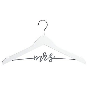 Pearhead Mrs. Wedding Dress Hanger for Bride to Be - Elegant Bridal Hanger, Ideal Keepsake for Wedding Day Photos and Gift for Bride, Wooden Hanger with Cursive Wire Lettering, White and Silver