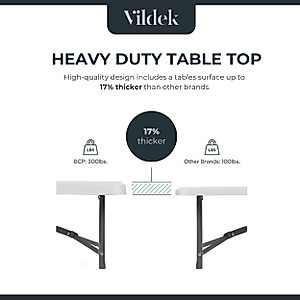 VILDEK 6ft Folding Dining Table, Plastic, White, 300lbs Load Capacity, Portable, Indoor-Outdoor Use, Foldable