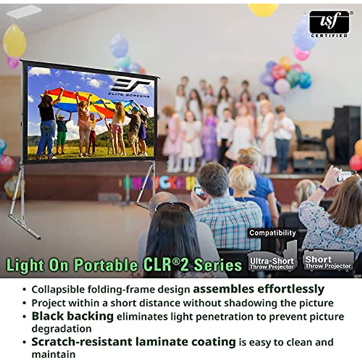 Elite Screens Light-On CLR 2 Series, 103" Diag. 16:9, Ceiling Ambient Light Rejecting Folding-Frame Portable Screen, LPS103H-CLR2