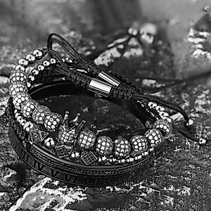 MollyQueen Imperial Crown King 18K Gold CZ Beads Bracelets Luxury Charm Fashion Bangle Royal Stacked Bracelet Set for Men Women With Luxury Box (00-4PCS Black)