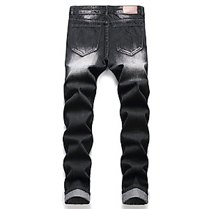 Men's Casual Ripped Jeans Distressed Slim Fit Straight Leg Denim Pants Classic Destroyed Washed Jean Trousers (Black,32)