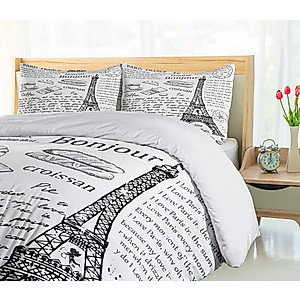 Ambesonne Paris Duvet Cover Set, Traditional Famous Parisian Elements Bonjour Croissan Coffee Eiffel Tower Print, Decorative 3 Piece Bedding Set with 2 Pillow Shams, Queen Size, White Black