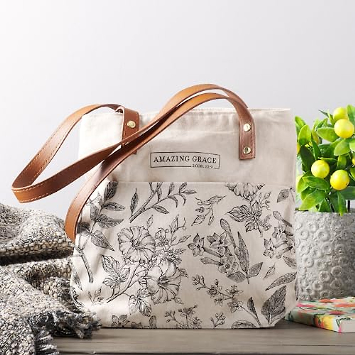 Christian Art Gifts Canvas Floral Tote Bag for Women: Amazing Grace Inspirational Scripture for Shopping, Supplies, Books, Accessories, Vegan Leather, Pocket, Zippered Closure, Creamy Tan & Brown