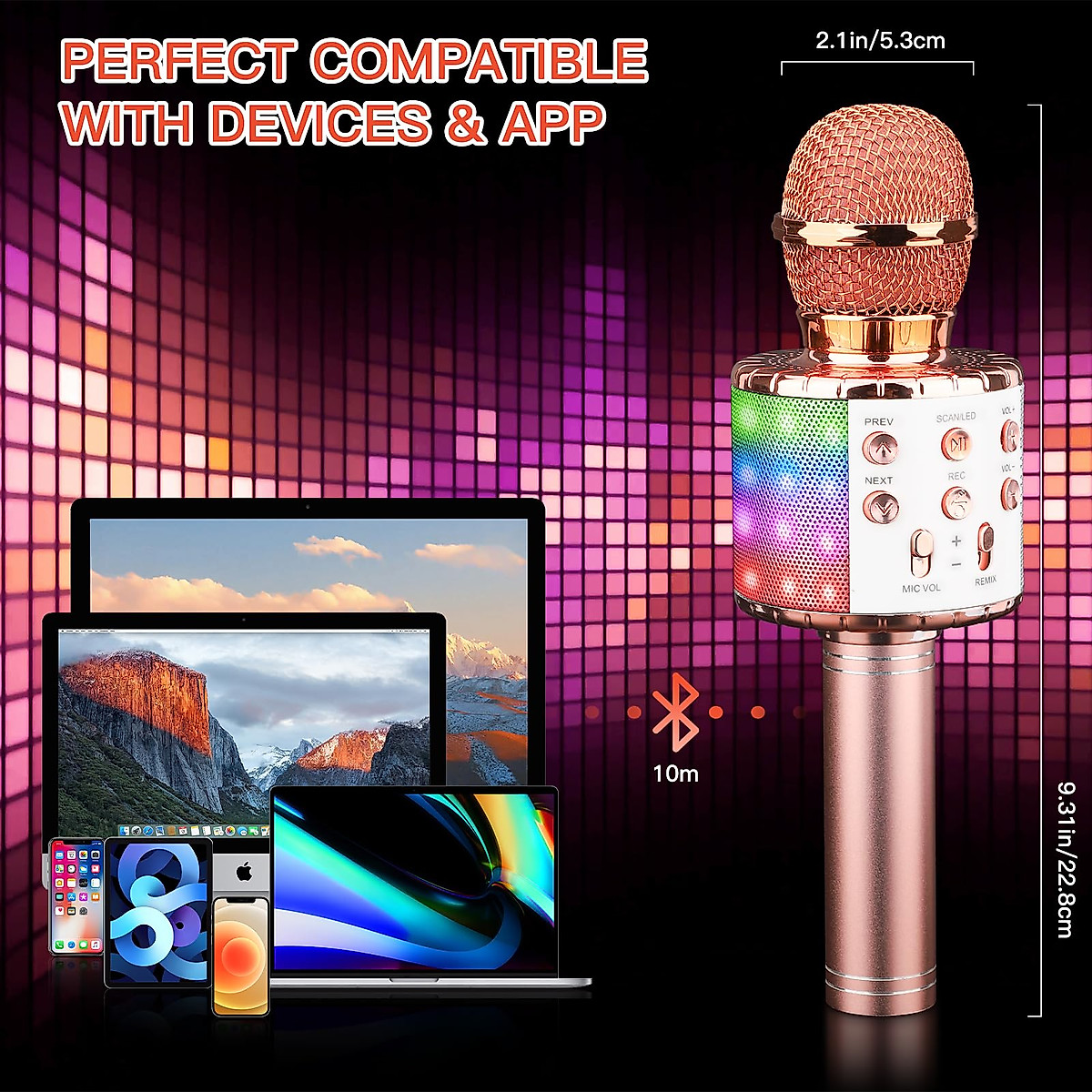 ShinePick Karaoke Microphone, 4 in 1 Wireless Microphone with LED Lights Handheld Portable Karaoke Machine, Home KTV Player, Compatible with Android & iOS Devices(Pink)