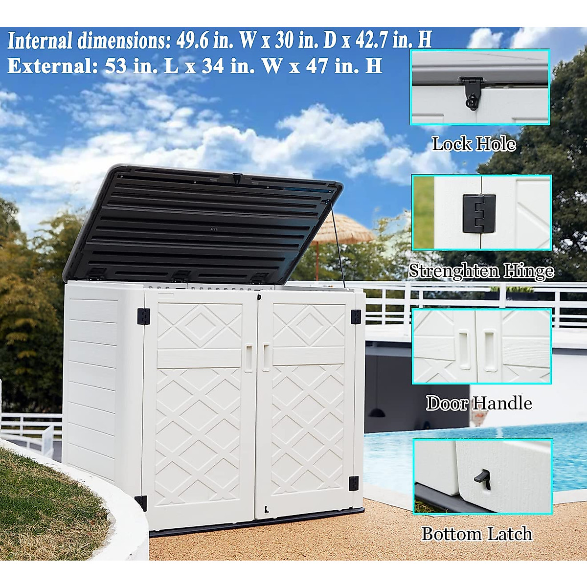 ADDOK 2SG Larger Horizontal Storage Shed Wood-Like, 4.4 x 2.8 ft Outdoor Storage Cabinet Lockable, Thick Resin Storage Unit for Trash Cans, Yard Tools（Large Begie White/37 Cu. ft