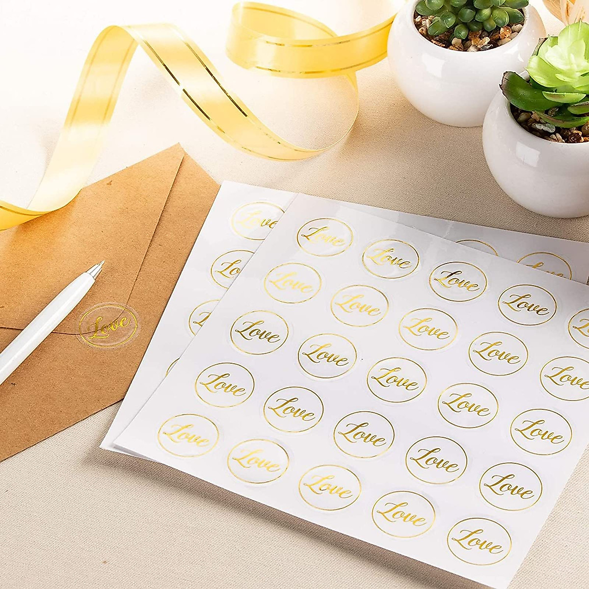 Clear Stickers - 200-Count Wedding Stickers, Gold Envelope Seal Stickers with Love, Adhesive Label for Bridal Shower Invitation, Wedding Invite, Birthday Card, 1 Inches Diameter