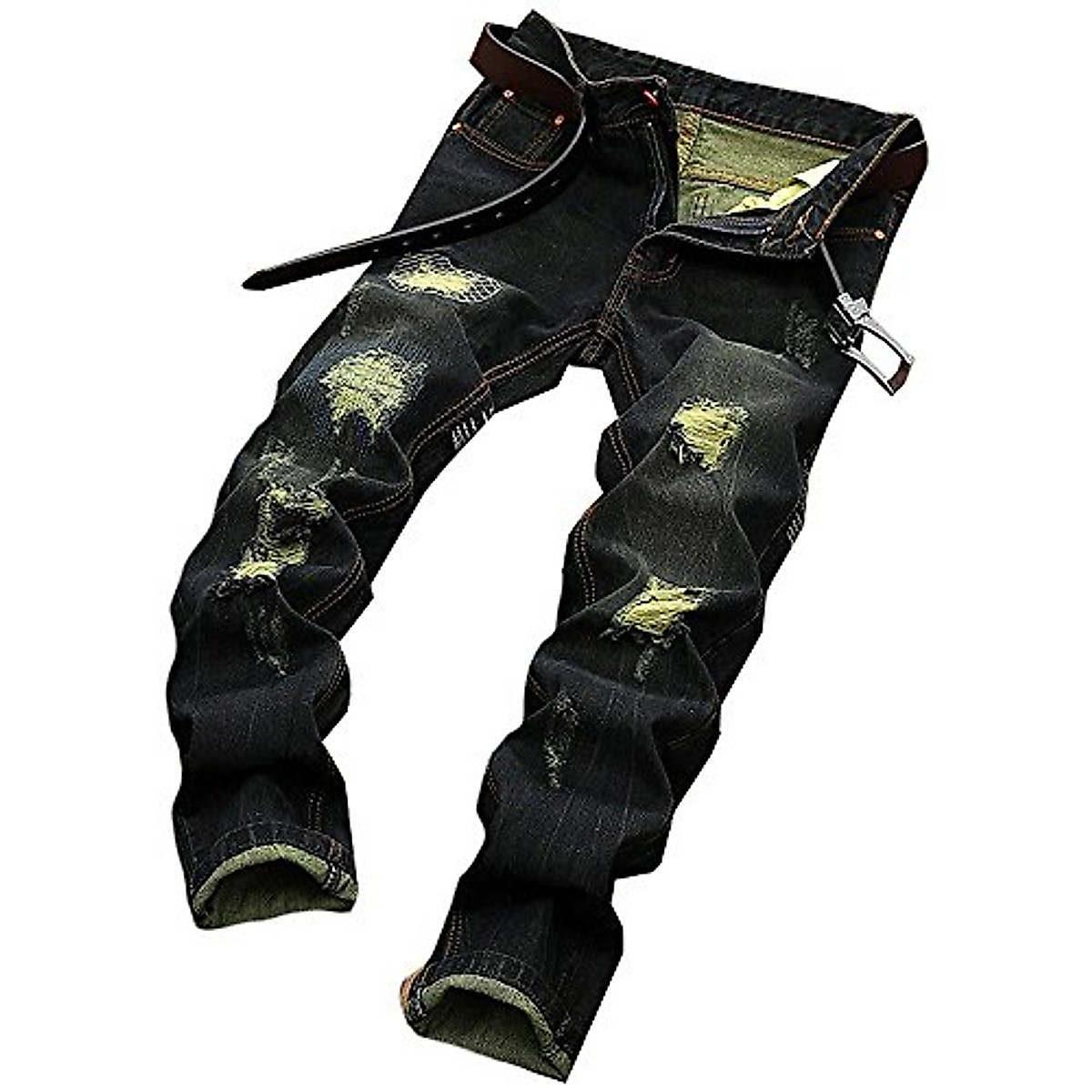 WEEN CHARM Mens Distressed Ripped Biker Slim Fit Straight Destroyed Wash Jeans Moto Denim Pants Black