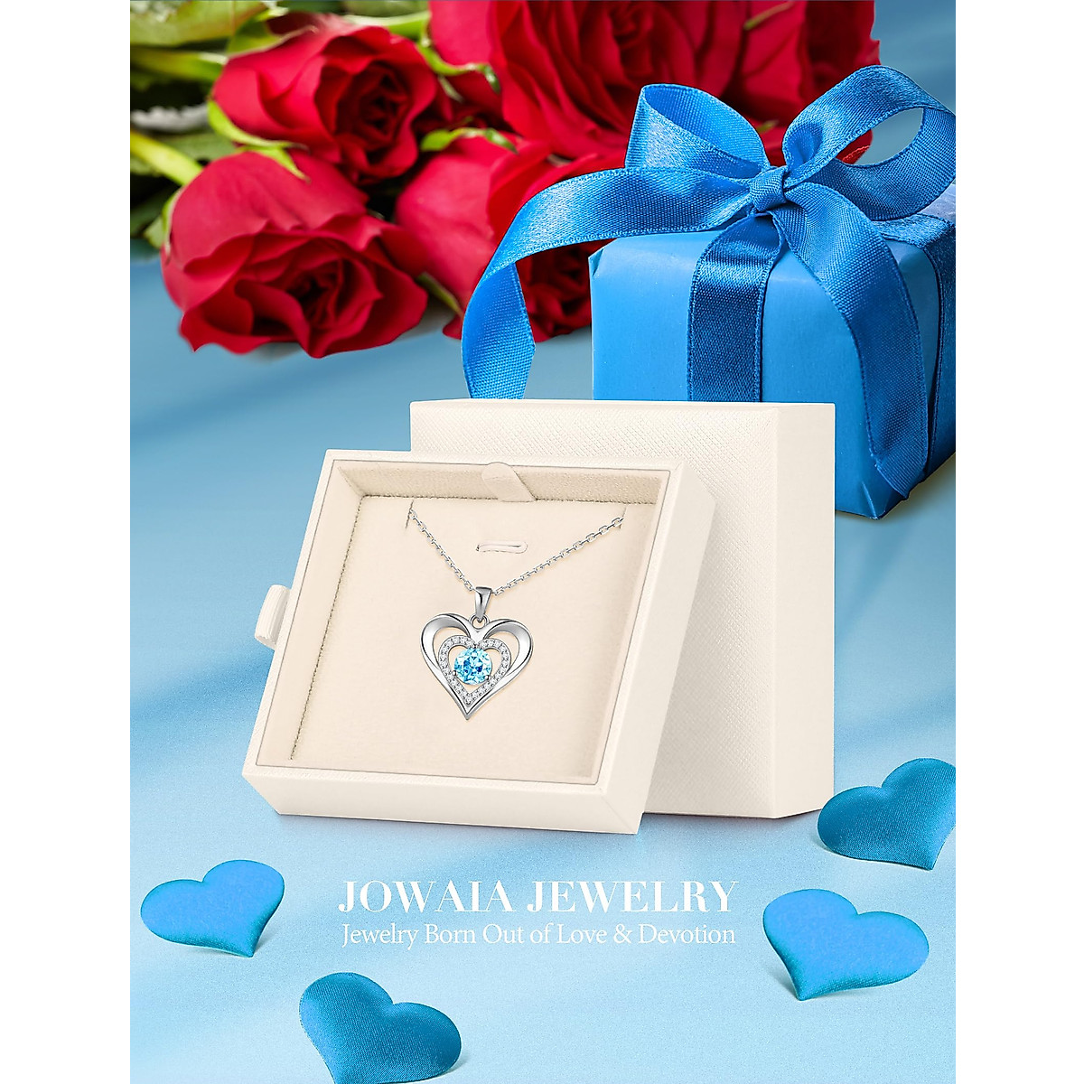 925 Sterling Silver Heart Necklace for Women Love Pendant Shiny Large Creat Aquamarine Birthstone Necklace Jewelry Valentine's Day Birthday Mothers Day Gifts for Mom Her Women Wife