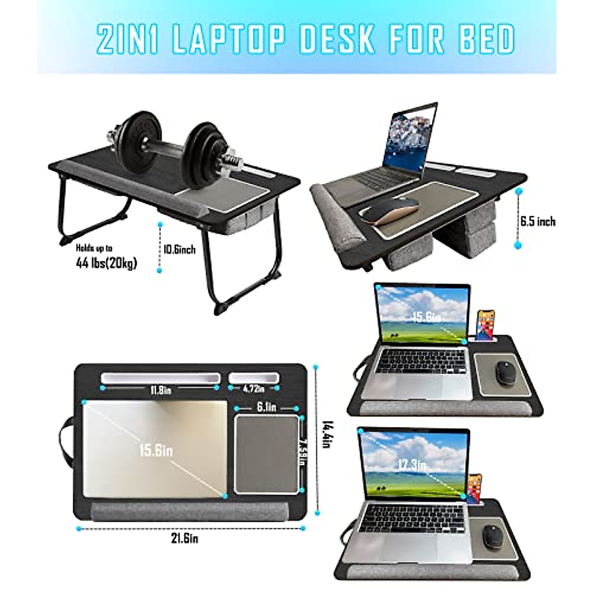 Lap Laptop Desk-Fits Up 17In Foldable Laptop Bed Tray Table with Adjustable Dual Cushion,Wrist Rest & Mouse Pad,Portable Wood Laptop Stand for Sofa Bed,Multifunctional Slot for Tablet & Phone (Black)