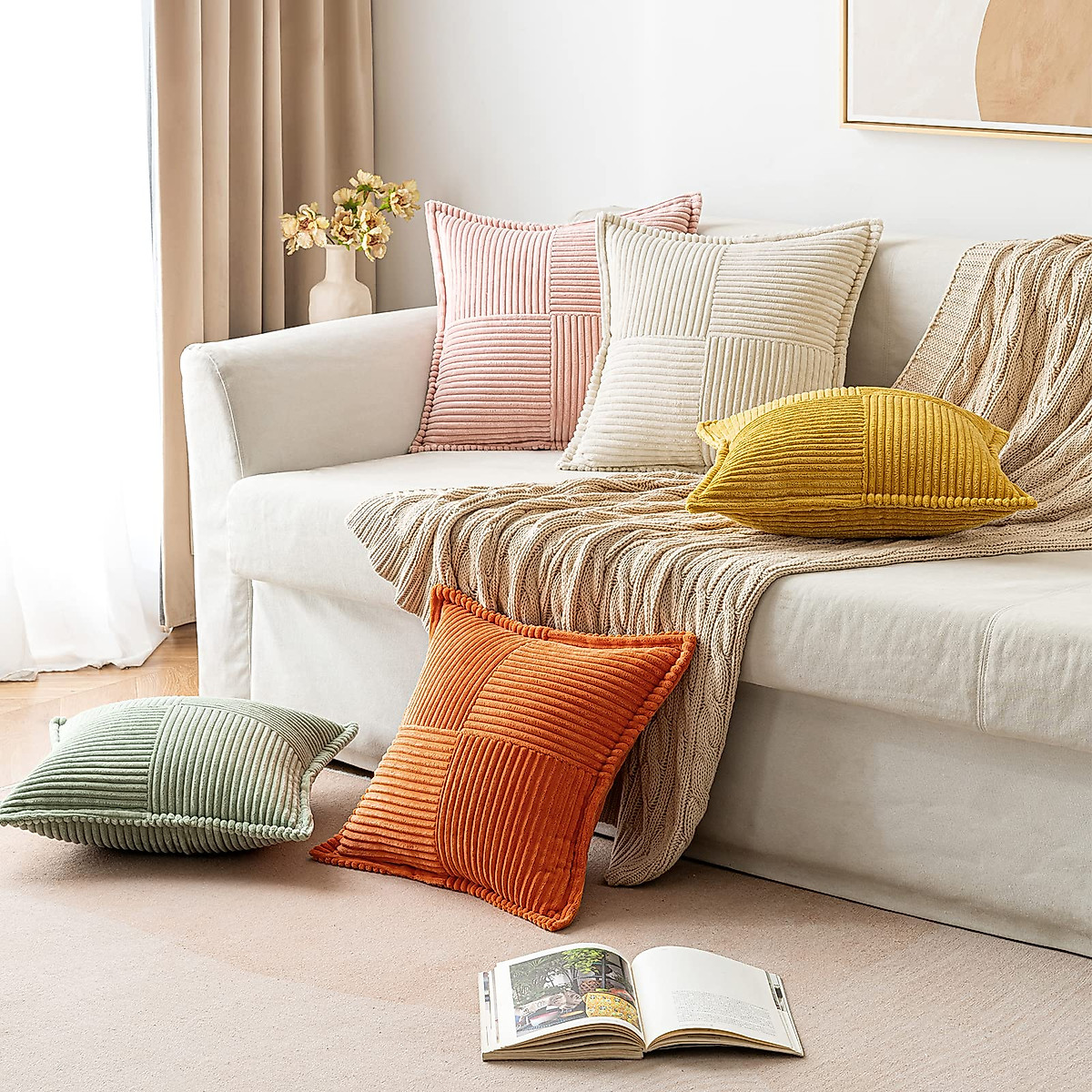 MIULEE Corduroy Pillow Covers with Splicing Set of 2 Super Soft Boho Striped Pillow Covers Broadside Decorative Textured Throw Pillows for Spring Couch Cushion Livingroom 18x18 inch, Beige