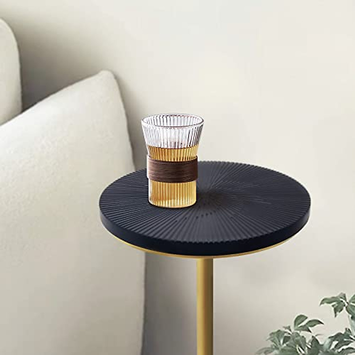 COVLON Drink Table, Weighted Base Pedestal Table, Martini Table,Small Side Table with Wooden Carved Table Top for Living Room, Bedroom, Modern, Gold and Black