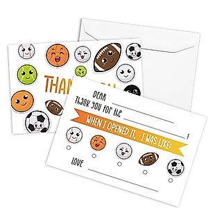 QOFO Basketball Football Sports Fill in the Blank Thank You Cards,Gender Neutral Thank You Notes,For Boys Birthday Party,Event,or Holiday Use,Thank You Notes with Envelopes Set of 25-GXK12