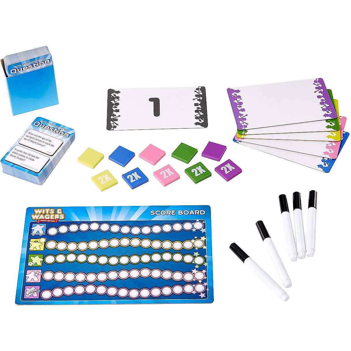 Mattel Games Wits & Wagers Board Game Family Edition for Kids and Adults with Dry Erase Boards, Markers & Question Cards