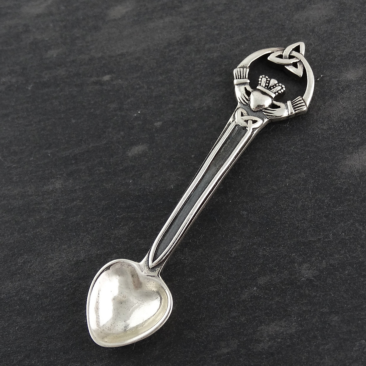 Sterling Silver Irish Claddagh Salt Spoon or Mustard Spoon, Celtic Trinity Knot