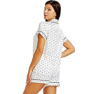 Lonxu Womens Satin Pajamas Set White Polka Dot L