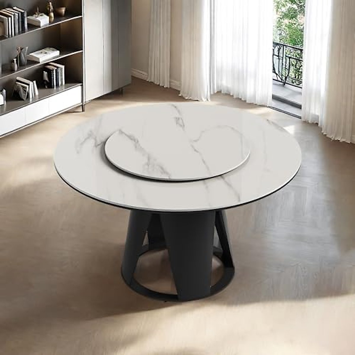 Runboll 59'' Modern Round Dining Table with Lazy Susan, Sintered Stone Dinner Table with 35.4" Round Turntable for Dining Room(Not Included Chairs)