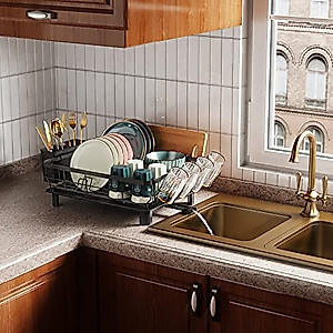 GSlife Dish Drying Rack with Drainboard - Dish Racks for Kitchen Counter with 12 Plate Slot and Cup Holder, Dish Rack with Cutting Board Holder and Higher Tray Feet, Utensil Holder with Spout, Black