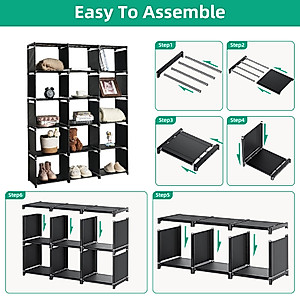 ANTSUN Book Shelf Assembled Storage Rack 6/9/12/15/18/20 Grid DIY Bookcase Vertical Cabinet Bookshelves Large Cube Storage Orangnizer Shelves for Bedroom, Living Room, Home Office (15-Grid Black)