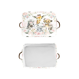 Safari Animals Floral Personalized Storage Bins Basket Cubic Organizer with Durable Handle for Shelves Wardrobe Nursery Toy 1 Pack