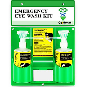 CGOLDENWALL Eye Wash Station Portable Eye Wash Kit for Emergency, Wall Mounted Eyewash Station, 16.09oz Capacity per Bottle, with Mirror & Emergency Sign, Safety Material, NO Solution