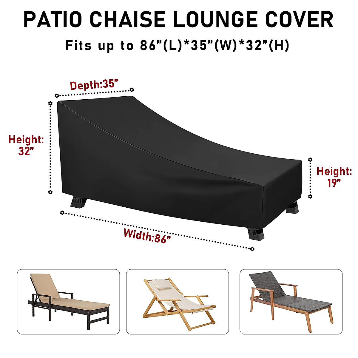 CKCLUB Patio Chaise Lounge Covers Waterproof Outdoor Lounge Chair Cover Heavy Duty UV Resistant for Outdoor Pool Lounge Chair 2 Pack Black - 86L x 35W x 32H inch